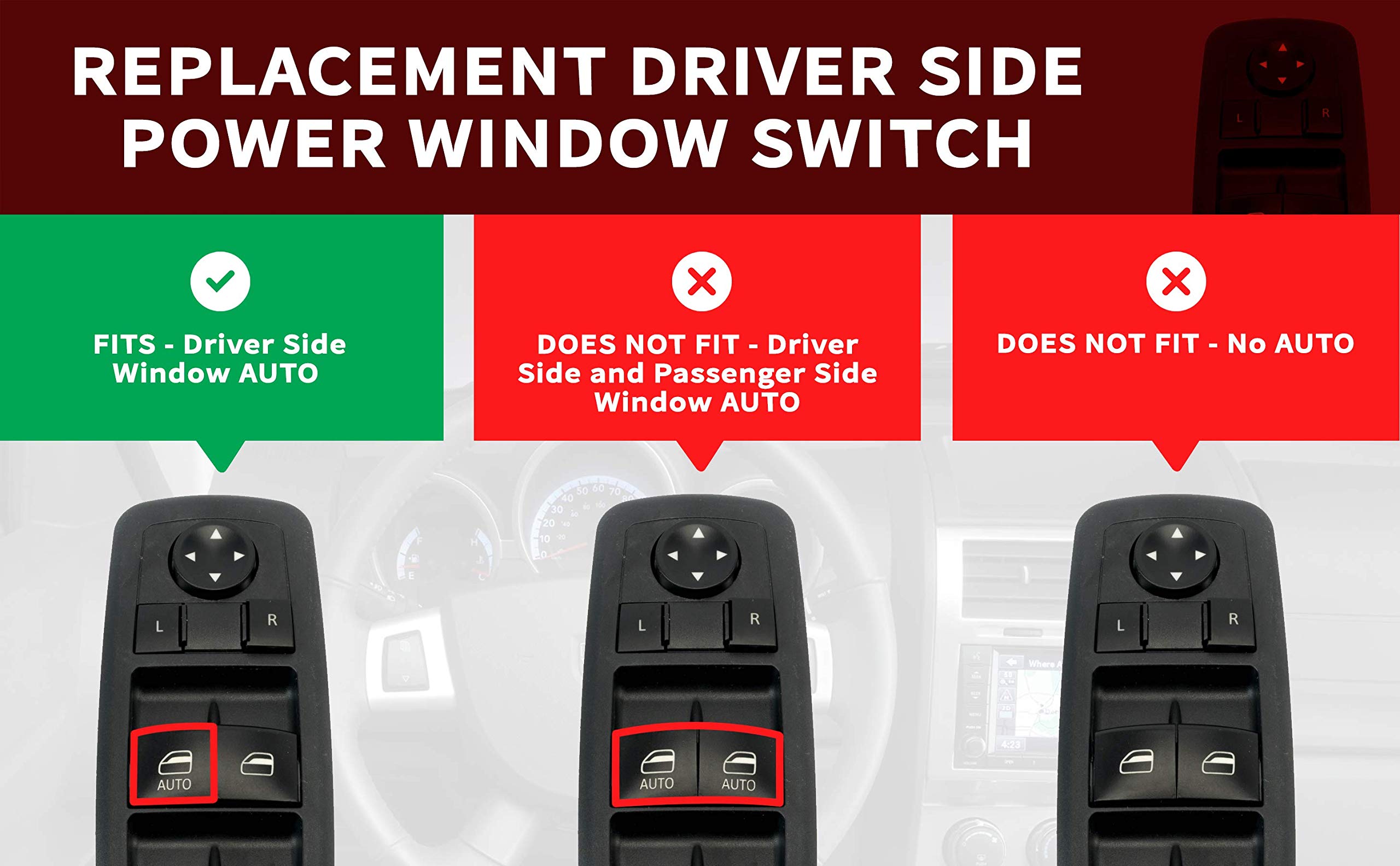 Driver Side Master Power Window Switch - Compatible with Dodge and Jeep Vehicles - 2008-2012 Nitro and Liberty, 2009-2010 Journey - Replaces Part 4602632AH, 4602632AF, 4602632AB, 4602632AG - 8 Pins