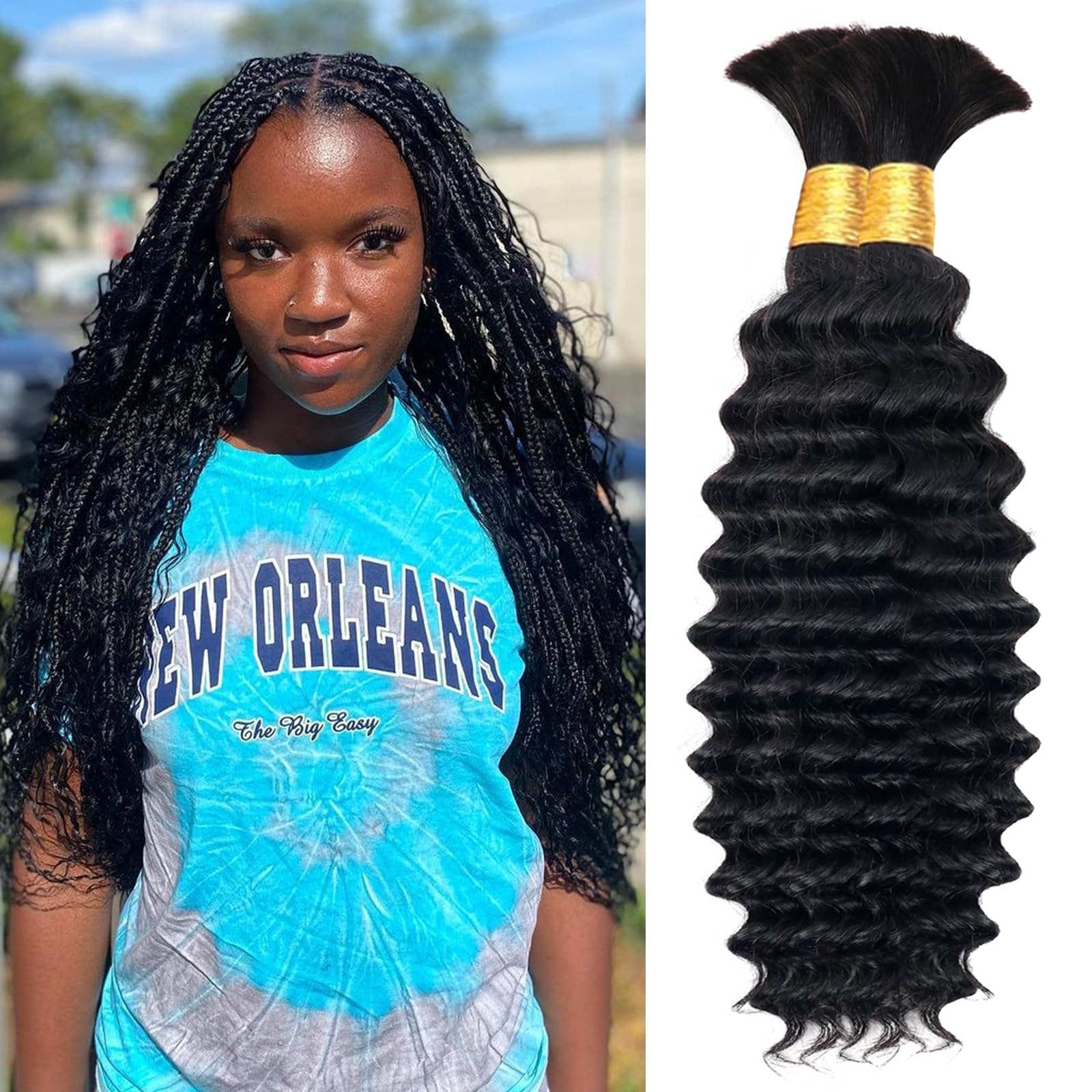 Deep Wave Bulk Human Hair for Braiding No Weft Micro Braiding Hair Braids Extensions 100% Unprocessed Virgin Human Hair Extensions Remy Bulk Hair 2 Braids Per Pack 100g (18 Inch, Black)