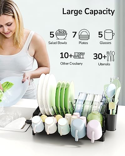ULG Dish Drying Rack with Drainboard, Countertop Dish Rack, Rustproof Dish Drainer for Kitchen Counter, Draining Rack with Detachable Utensil Holder, Adjustable Swivel Spout Dish Strainers, Black
