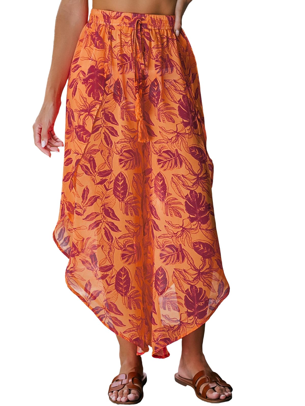 CUPSHE Women's Tropical Leaf Print Tassel Tie Cover-Up Pants Mixi Beachwear