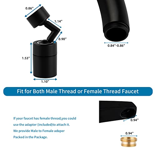 Hibbent Faucet Aerator, 720° Spray Aerator, Kitchen Faucet Aerator, 2 Water Mode Bathroom Faucet Adapter for Face Washing, Gargle and Eye Flush, 1.8GPM 55/64 Female Thread with Adapter, Matte Black