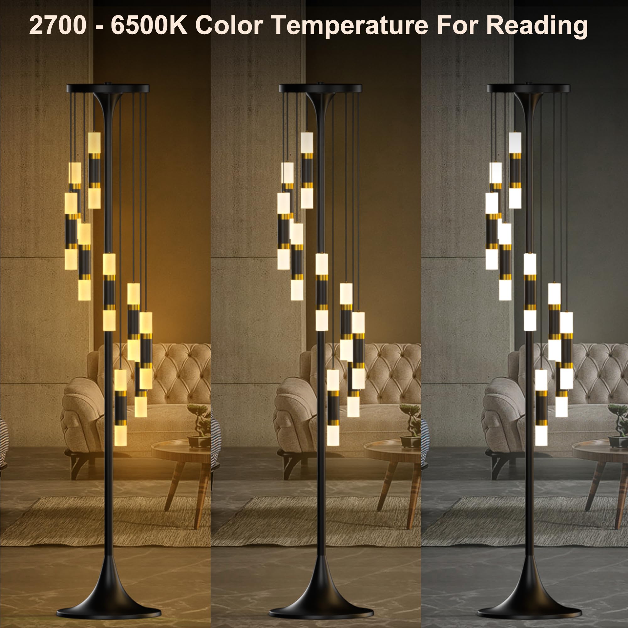 E.P. Light Modern Multiple Heads Black Floor Lamp for Bedroom, 71 inch Tall Dimmable Standing LED Floor Lamp for Living Room, Unique Reading Floor Lamp with Remote for Office