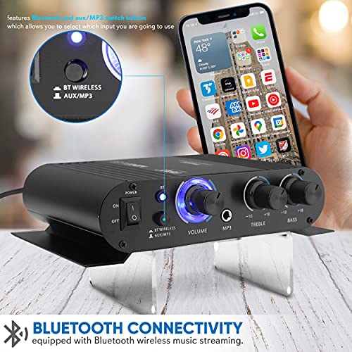 Pyle Wireless Bluetooth Home Audio Amplifier - 90W Dual Channel Mini Portable Power Stereo Sound Receiver w/ Speaker Selector, RCA, AUX, LED, 12V Adapter - For iPad, iPhone, PA, Studio Use - PFA330BT