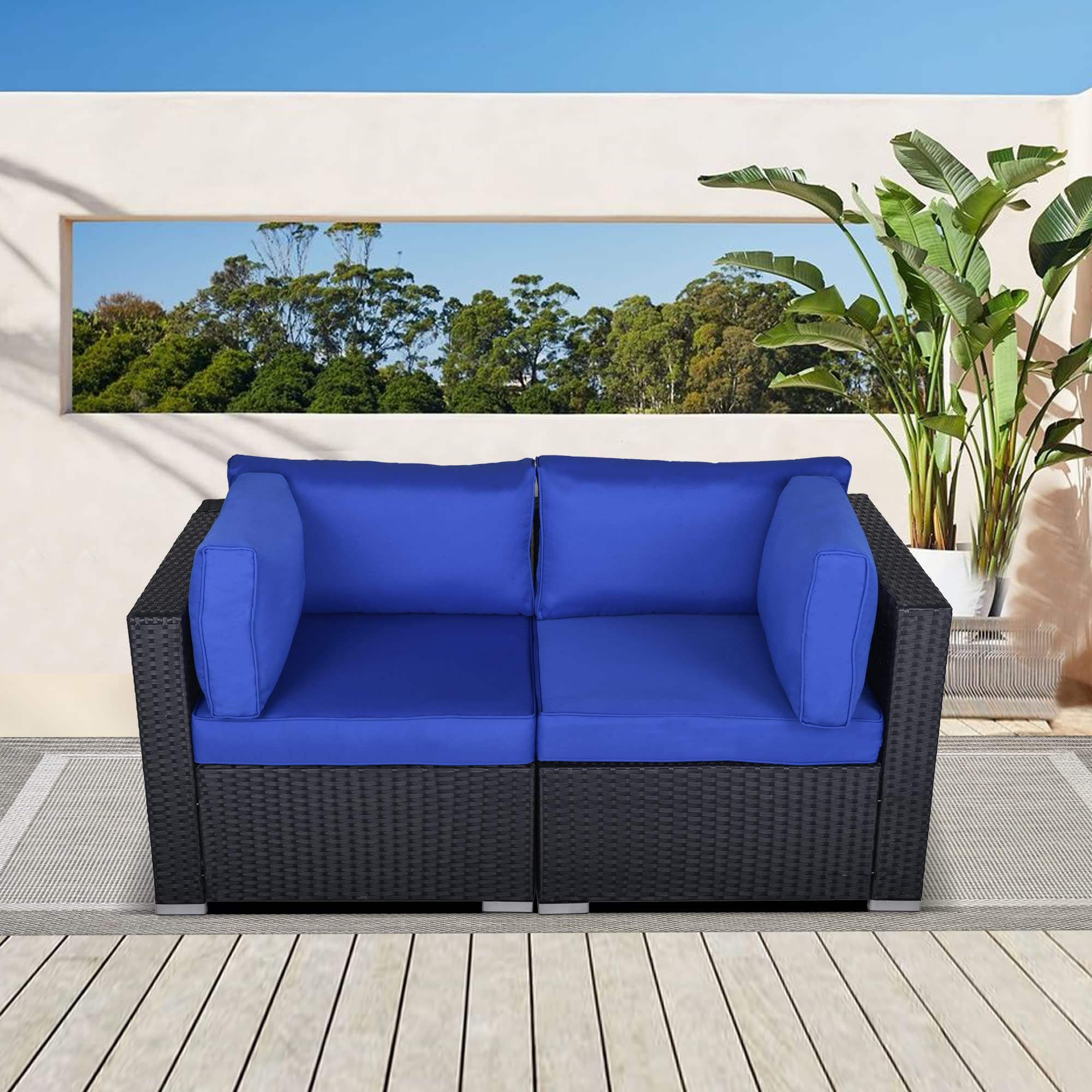 SUNVIVI OUTDOOR Patio Loveseat, 2 Piece Wicker Outdoor Sectional Couch with Removable Navy Blue Cushions, Extra Sofa Furniture