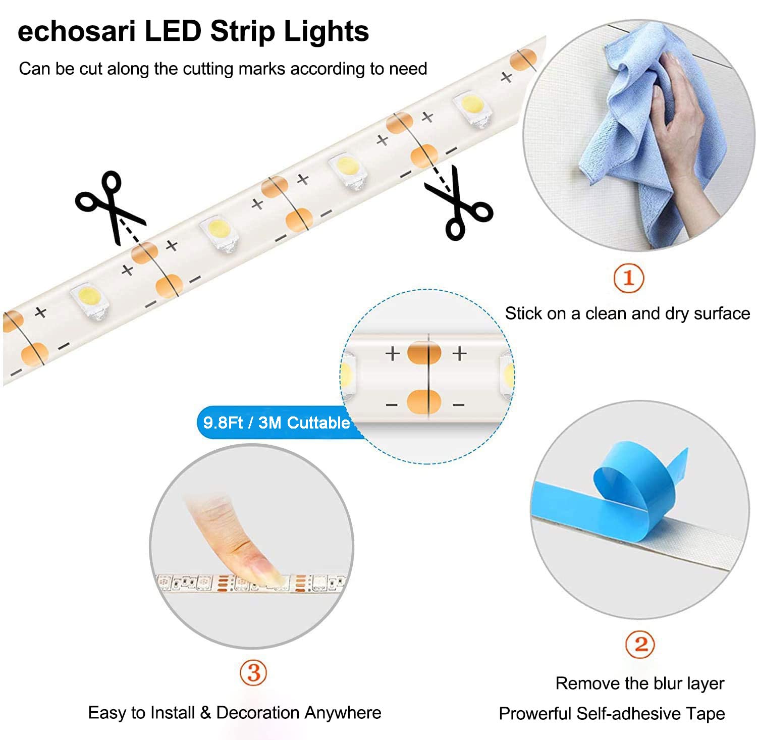echosari Blue Led Strip Lights Waterproof Battery Operated with Remote, 8 Modes, Dimmable, Timer, Self-Adhesive, Cuttable, 3M 90Led Battery Strip Led Light for Indoor Outdoor Decor