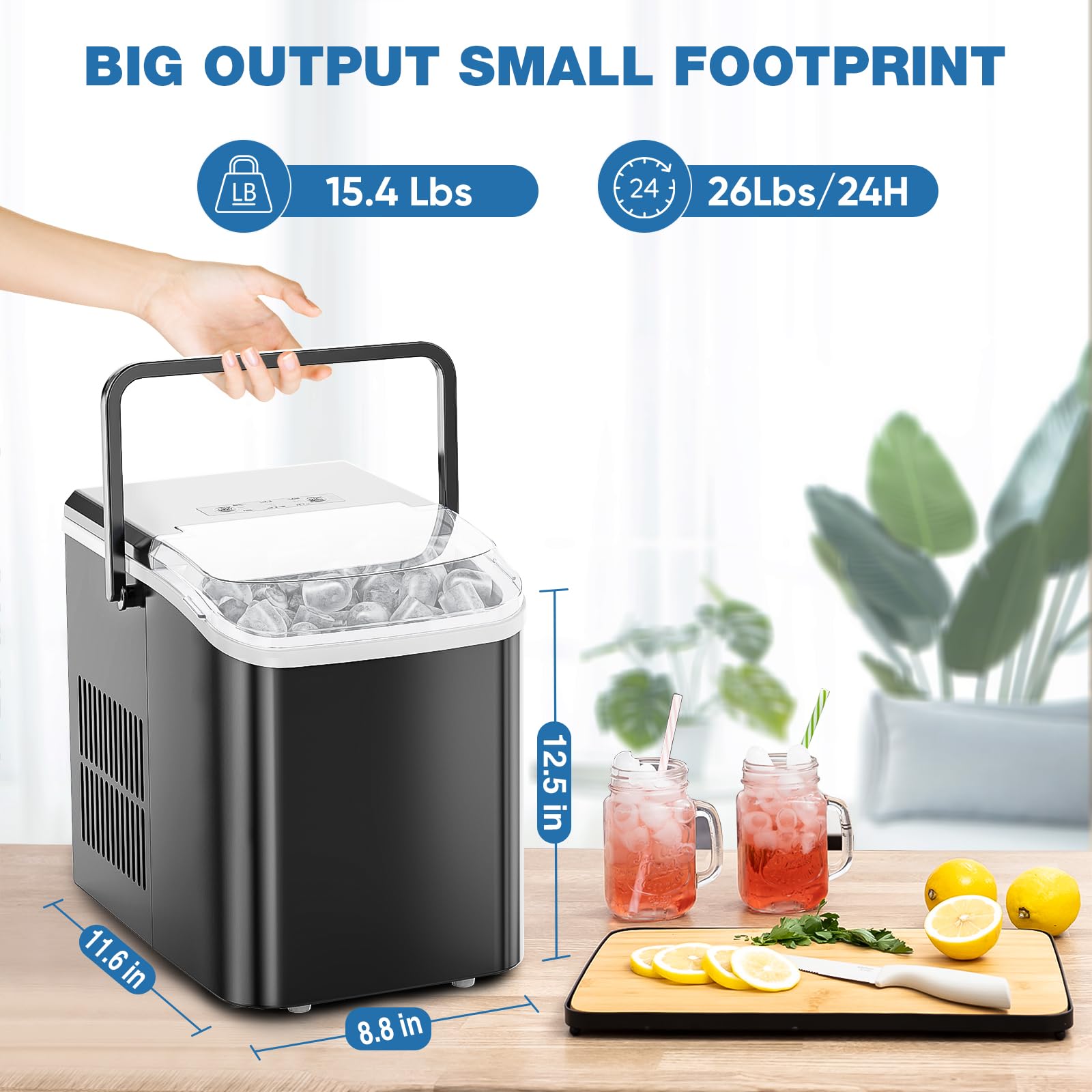OLIXIS Ice Maker Countertop, 9 Cubes Ready in 6 Mins, 26lbs in 24Hrs, Self-Cleaning Ice Machine with Ice Scoop and Basket, 2 Sizes of Bullet Ice Black