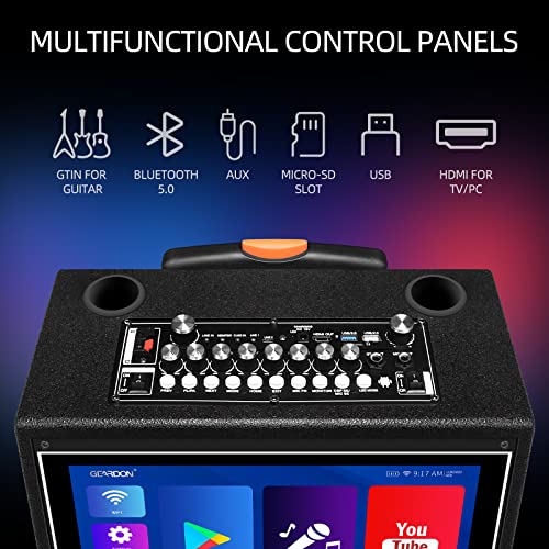 GEARDON Karaoke Machine with Lyrics Display Screen for Adults, Built-in 15 Inches Tablet & Wifi, Bluetooth Speaker w/ 2 Rechargeable UHF Mics, DJ Lights, Portable Karaoke System for Any Occasion