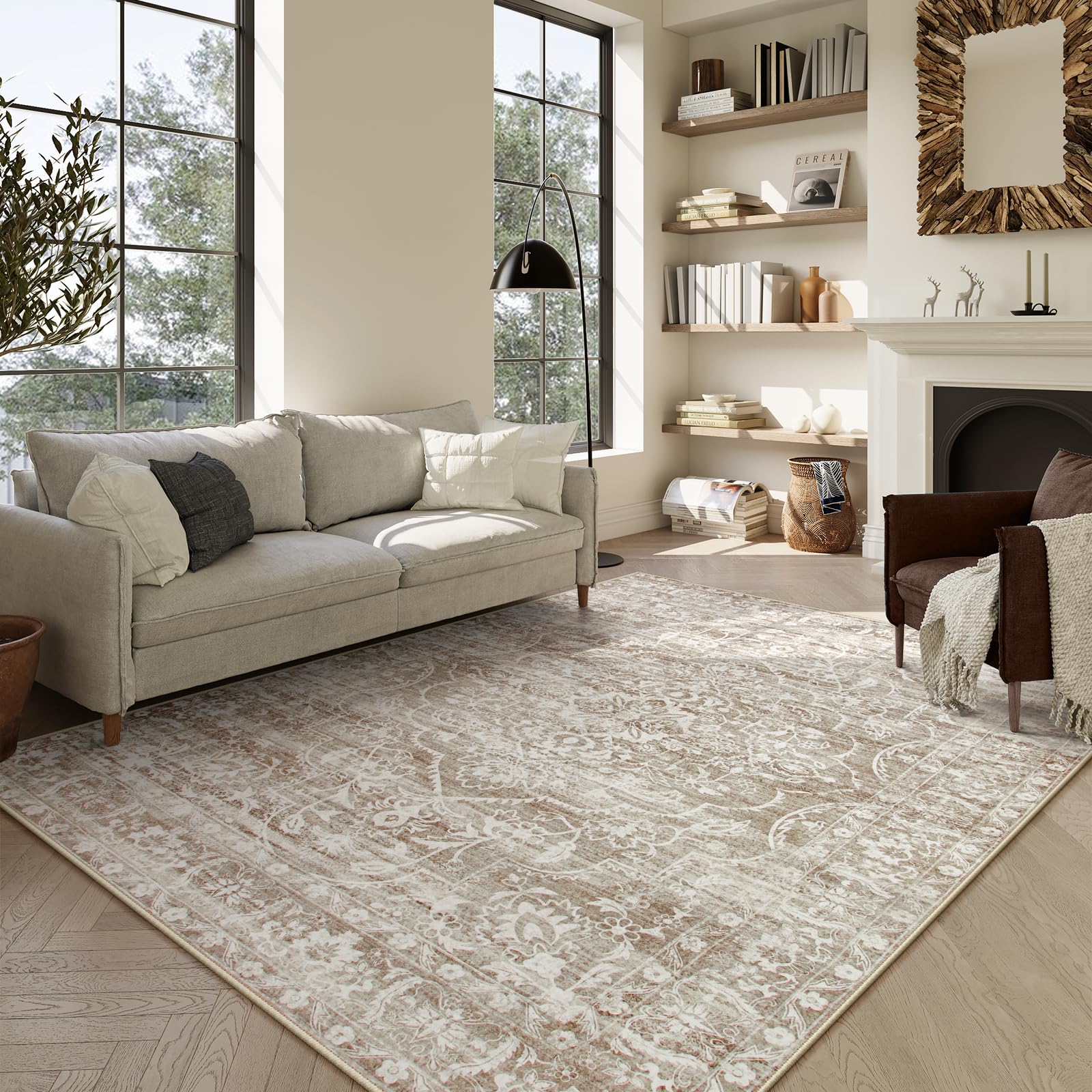 Lahome 8x10 Area Rugs for Living Room Floral Washable Large Area Rugs, Non-Slip Soft Bedroom Rug 8x10 Under Bed, Neutral Boho Vintage Indoor Farmhouse Rugs for Dining Room Table Office (Taupe,8'x10')