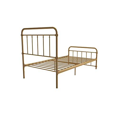 DHP Winston Metal Platform Bed with Rustic Design and Curved Edge Headboard and Footboard, Adjustable Base Height for Underbed Storage, No Box Spring Needed, Queen, Gold