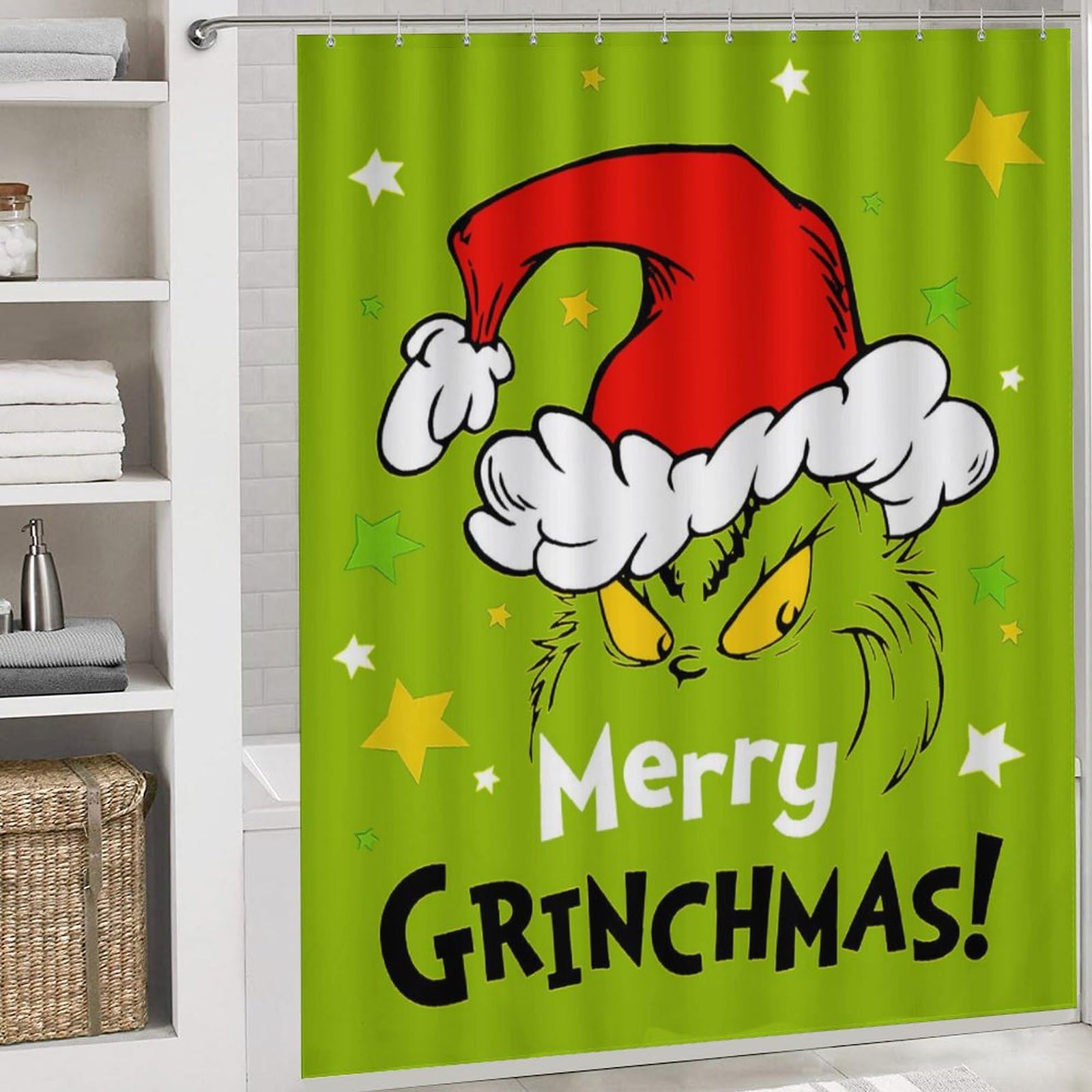 DELSRROW Christmas 4PCS Shower Curtain Set with Non-Slip Mat,Toilet Lid Cover,and Bath Mat, Polyester Fabric Shower Curtain with 12 Hooks,Durable Bathroom Decor Set 72 * 72INCH