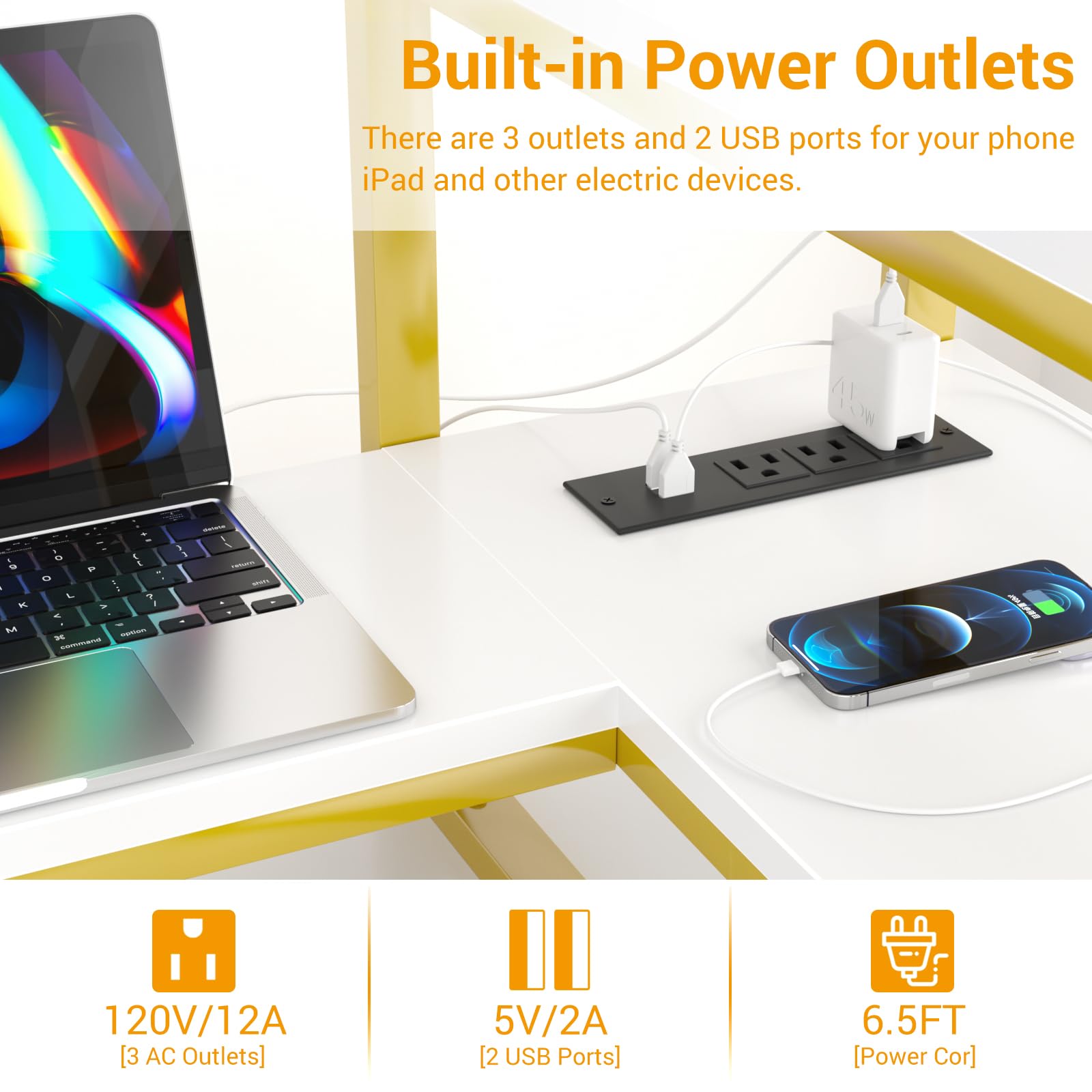 Cyclysio Gaming Desk 47", Computer Desk with Reversible Storage Shelves, Home Office Desk with Power Outlets & RGB Led Lights, Small Desk for Gaming, Studying, Working White