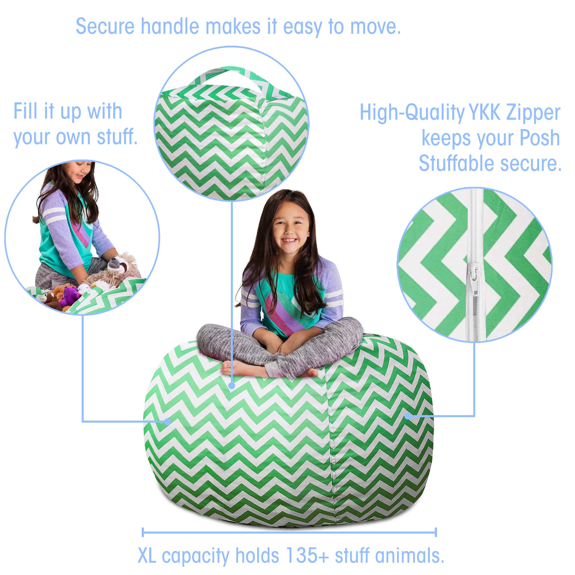 Posh Stuffable Kids Stuffed Animal Storage Bean Bag Chair Cover - Childrens Toy Organizer, X-Large 48" - Pattern Chevron Green and White