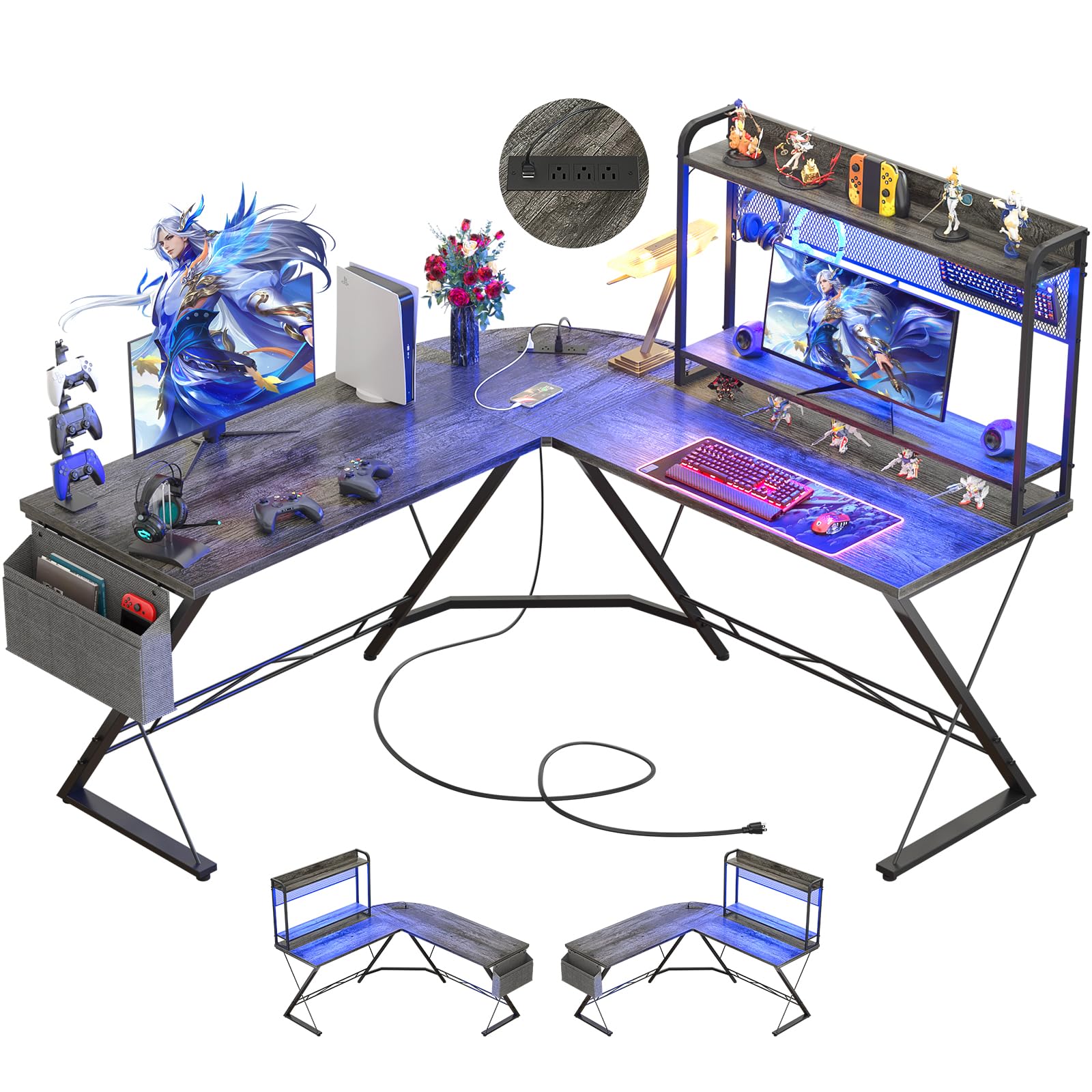 Cyclysio L Shaped Gaming Desk with Hutch, Reversible L-Shaped Desk with LED Lights and Power Outlets, Corner Gaming Desk Computer Desk with Storage Shelves & Storage Bag, Home Office Desk, Black