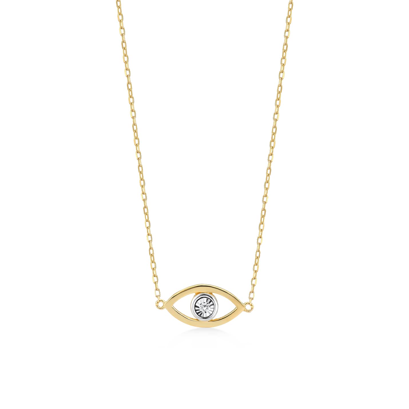 Diamond Evil Eye Necklace | 14k Yellow Gold Open Evil Eye Necklaces for Women | 14k Solid Gold Solitaire Diamond Pendant Necklace | Delicate Protection Jewelry | Gifts for Birthday, 18"