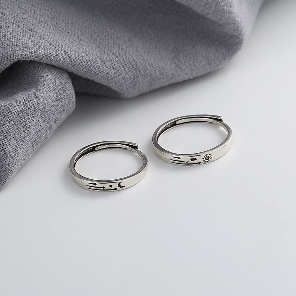 GulCean Sun Moon Rings For Best Friends Couples Adjustable Meteor Design Matching Friendship Rings For Bff Him And Her Set 2pcs Xmas Gift (Silver 3)