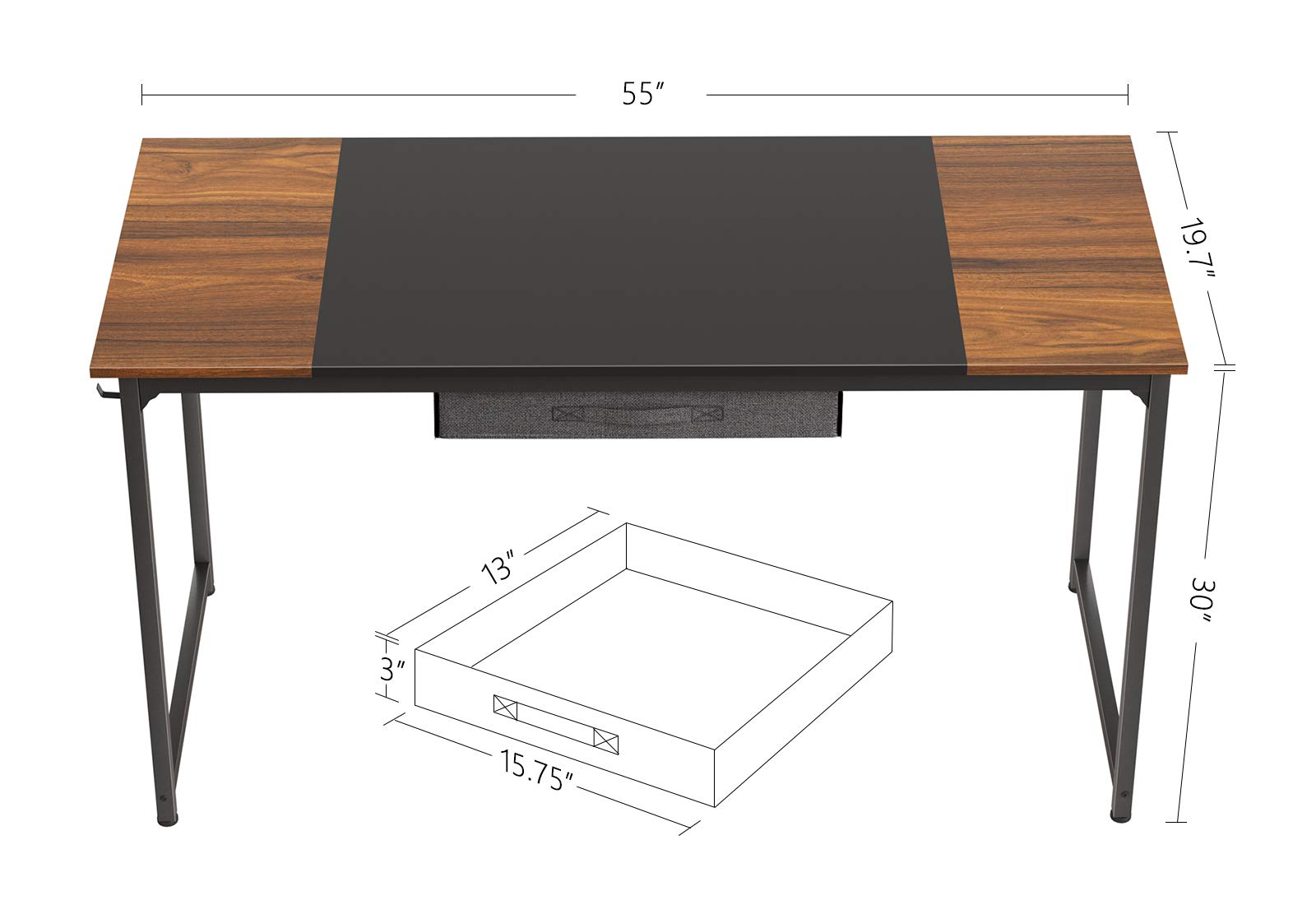 CubiCubi Computer Desk with Drawer 55" Study Writing Table for Home Office, Modern Simple Style PC Desk with Splice Board, Black Metal Frame, Black and Espresso