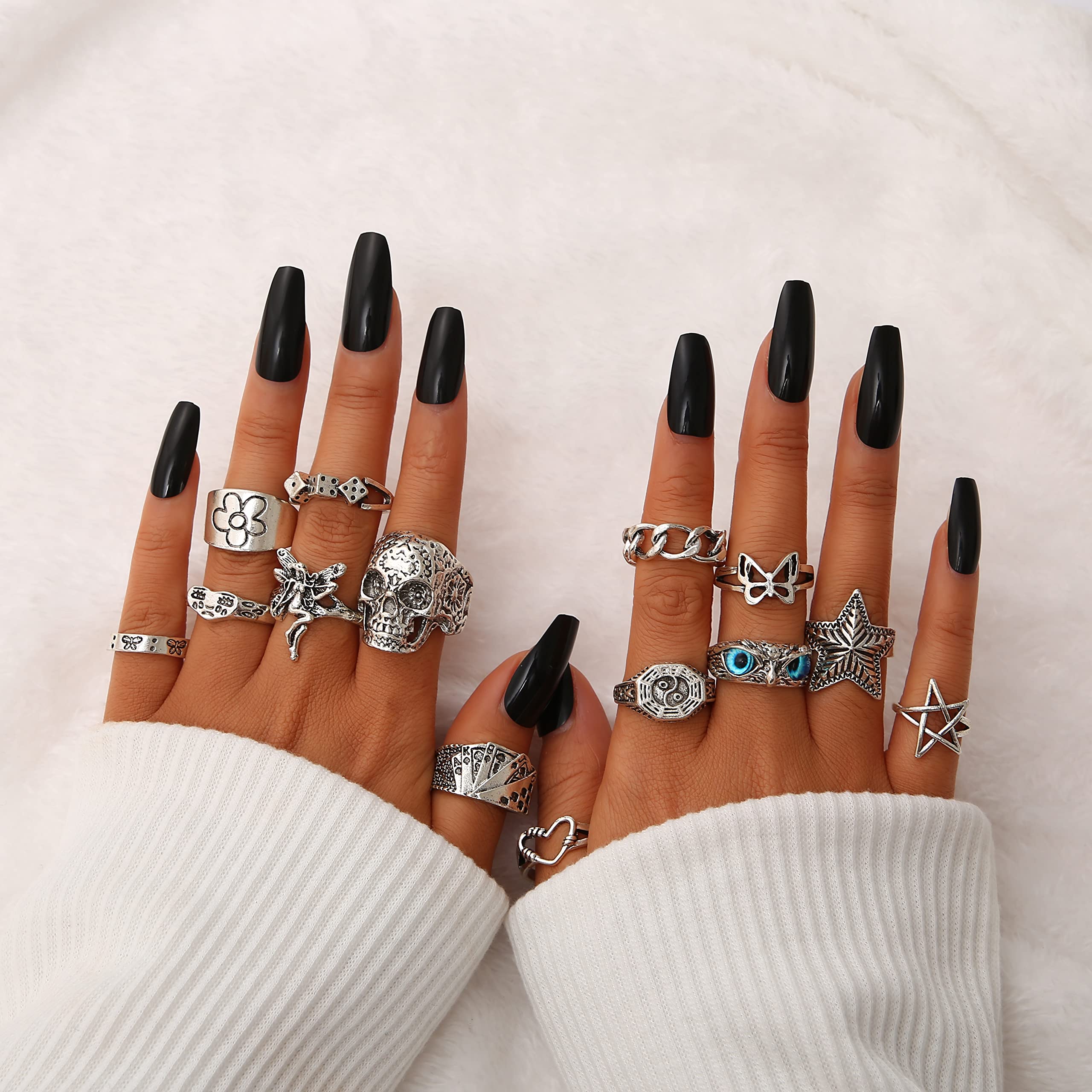 FAXHION Vintage Silver Open Punk Rings for Men Women, 24PCS Adjustable Rings, Chunky Silver Rings, Bulky Rings,Cool Gothic Ring,Statement Stacking Ring, Skull Snake Star Flower Heart Y2K Ring