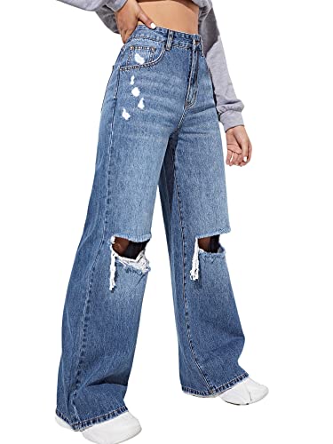 SweatyRocks Women's High Waisted Wide Leg Jeans Casual Loose Ripped Denim Pants Medium Wash S