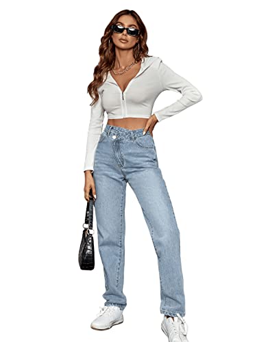 SweatyRocks Women's High Waisted Straight Leg Long Jeans Asymmetrical Waist Denim Pants Solid Pale Blue M