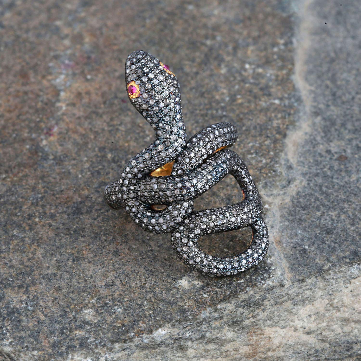 Diamond Ruby Snake Ring in 925 Sterling Silver | Black Brown Snake Ring 1.25 Carat Brown Natural Diamond (I2-I3 Clarity) Deep Real Ruby For Women Gifts, Designer Ring