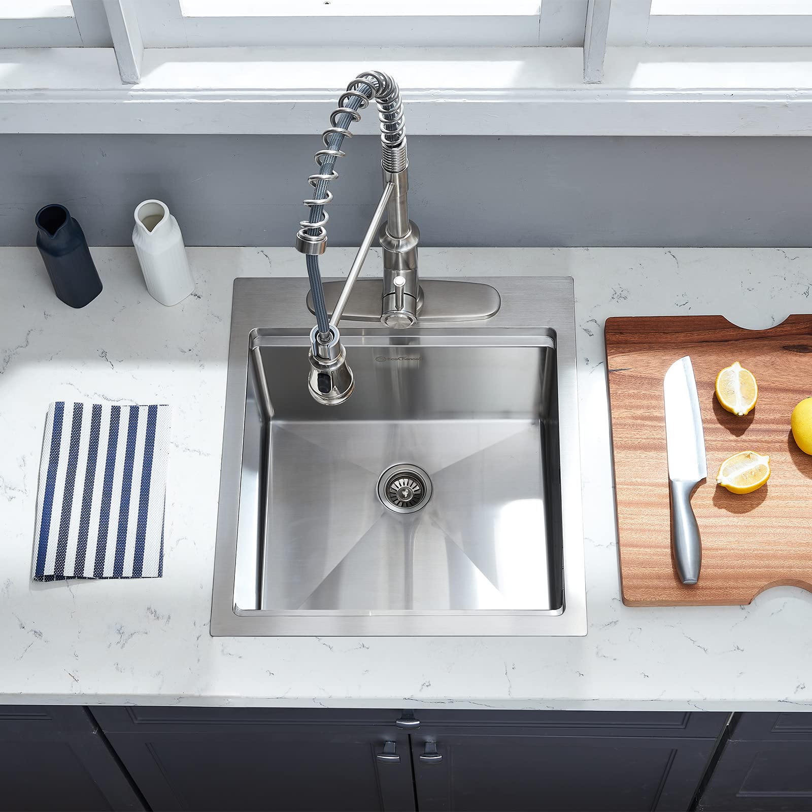 EcoChannels Kitchen Sink, 17 x 19 Inch Drop-in Bar Sink Stainless Steel Topmount Kitchen Sink Single Bowl Workstation Sink
