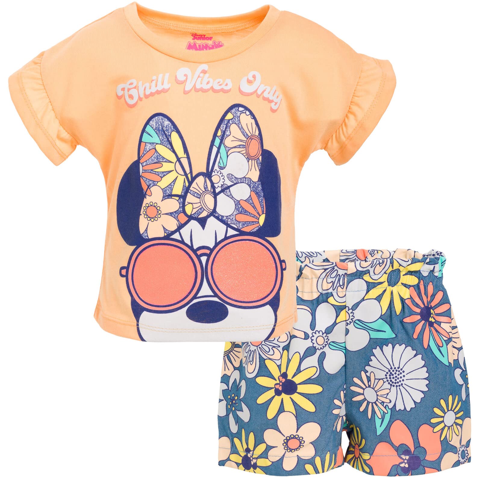 Disney Minnie Mouse Little Girls T-Shirt and Chambray Shorts Outfit Set Orange/Blue 7-8