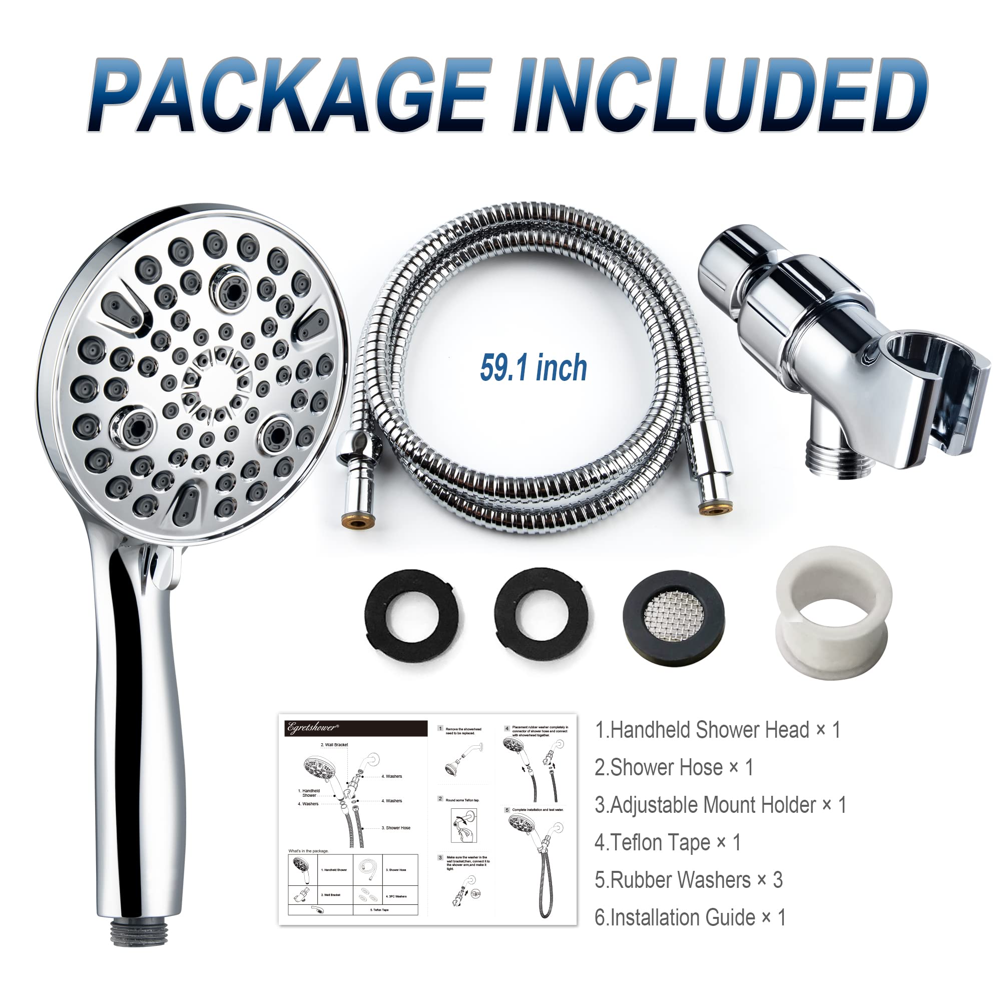 High Pressure Handheld Shower Head, 10-Setting Showerhead, 4.7”Detachable Showerhead Set with 5ft Hose, Adjustable Bracket and Built-in Power Wash to Clean Tub, Tile & Pets - Polished Chrome