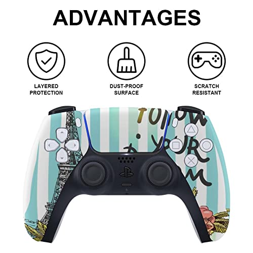 Eiffel Tower and Stripes of Flowers Full Protective Skin Cover Design Wrap Decal Sticker Compatible with PS5 Digital Edition Console and Controller
