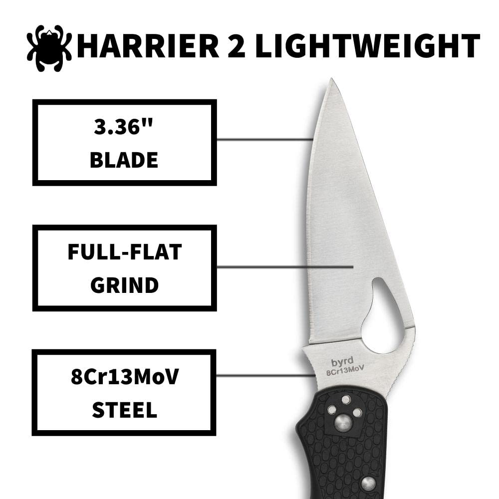 Spyderco Byrd Harrier 7.62" Lightweight Knife with 3.36" 8Cr13MoV Steel Blade and Black Non-Slip FRN Handle - PlainEdge - BY01PBK2