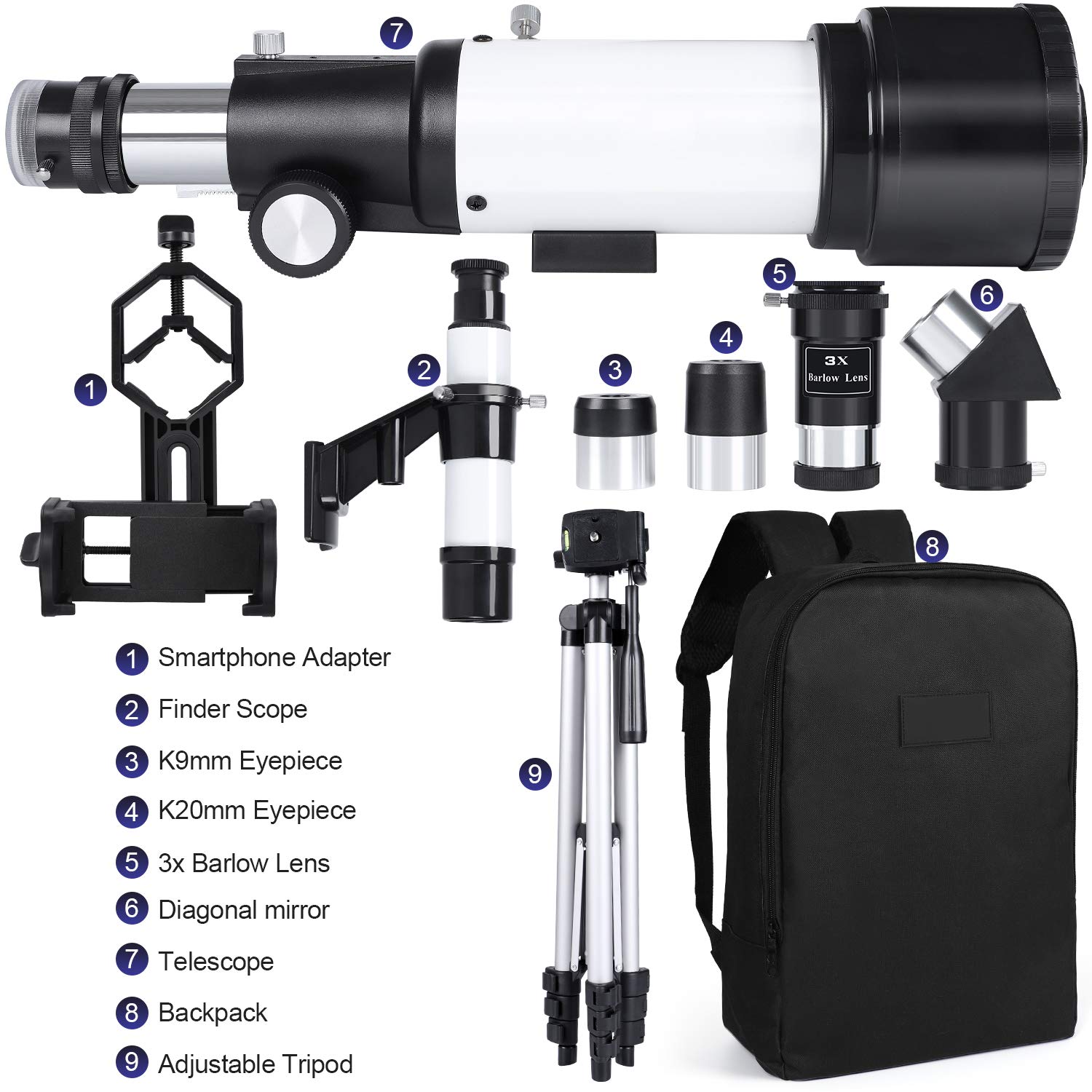 Deesoo Telescopes for Adults Kids - Portable Telescope FMC Lens Adjustable Tripod Backpack Phone Holder for Moon Viewing - 70mm Aperture 400mm Refractor Telescope for Beginners