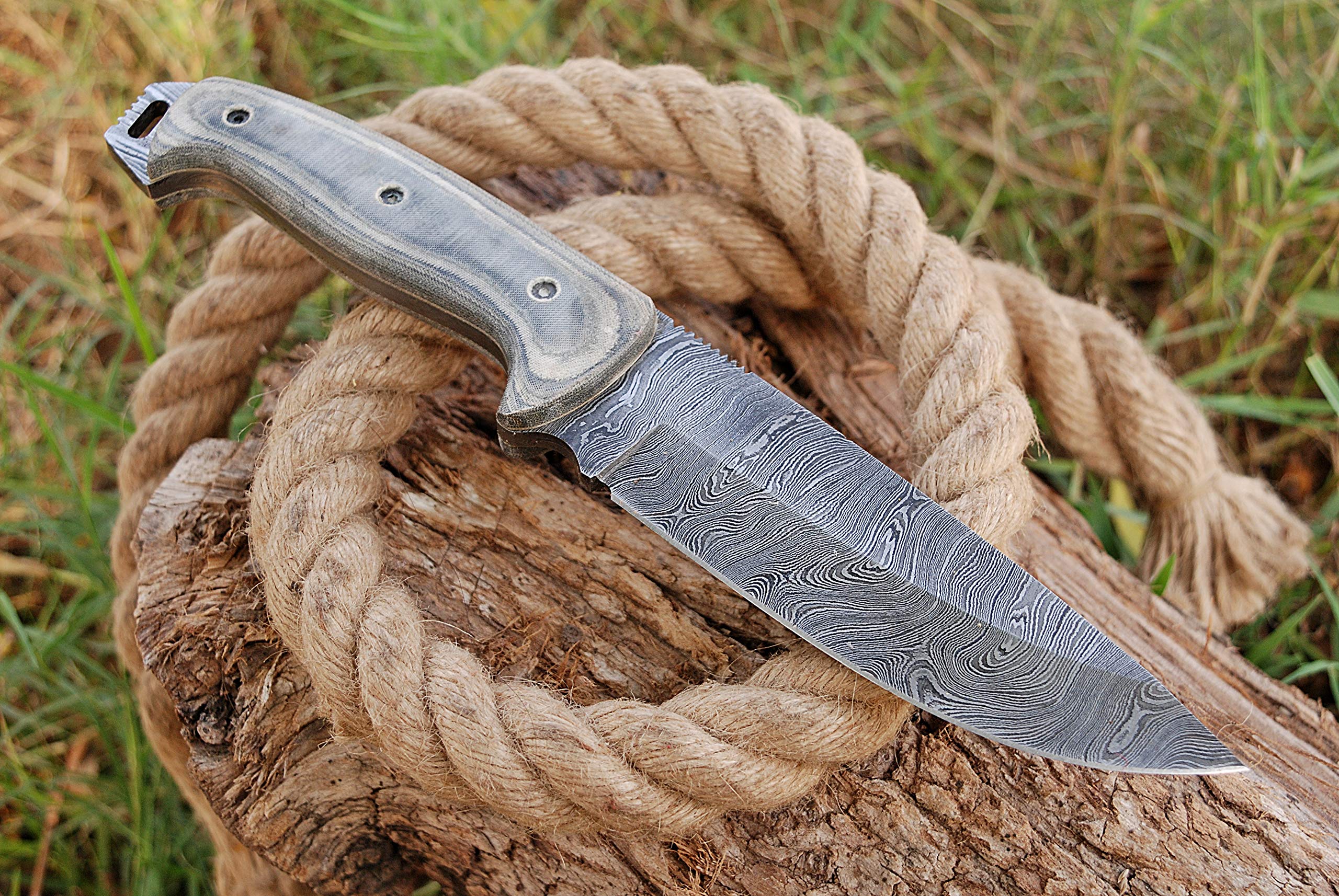 Damascus Bushcraft Knife - Survival Knife, Hand forged Fixed Blade Knife, Camping Knife & Survival Knives, Bowie Knives with Micarta Handle & Leather Knife Sheath