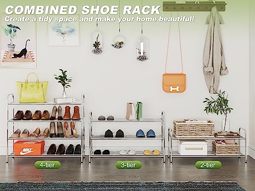 SKIKEN 4-Tier Expandable Shoe Rack, 100% Stainless Steel,4-Rod Extendable and Adjustable Feet, Simple Stretchable Shoe Shelf, Small Space Shoe Rack for Entryway, Stair Sides, Closet