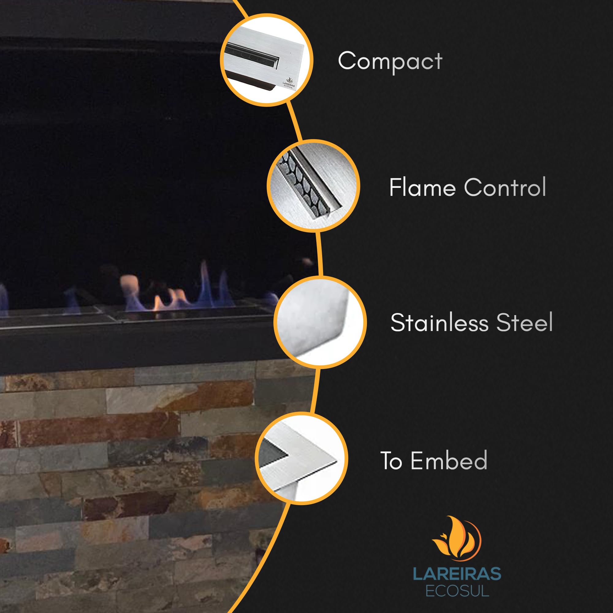 Ecologic Burner Fireplace - Alcohol or Ethanol - Complete, with Burner - Intensity Regulator, Stainless Steel - Built-in Indoor or Outdoor LAREIRAS ECOSUL - 39.37 in