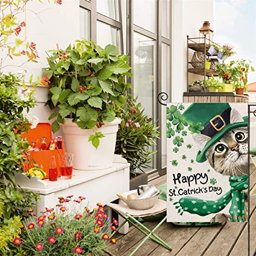 Happy St Patricks Day Garden Flag for Outdoor,Cat with Green Hat Scarf Shamrock Small Yard Flag,Spring Saint Patrick Decors for Outside Farmhouse Holiday 12x18 Double Sided