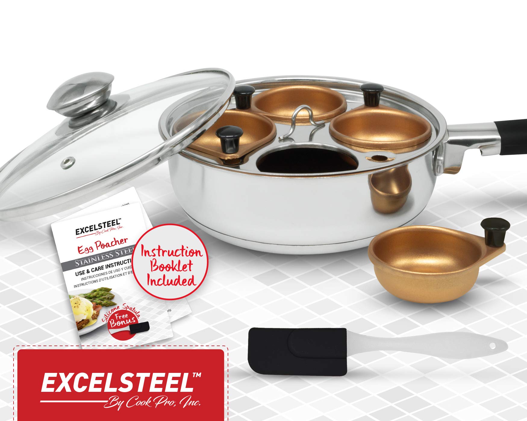 ExcelSteel Non Stick Easy Use Rust Resistant Home Kitchen Breakfast Brunch Induction Cooktop Egg Poacher, 4 Cup, Gold Tone