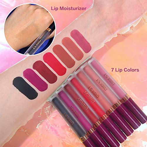 QiBest 7Pcs Matte Liquid Lipstick wiith 1Pcs Lip Plumper Makeup Set, Waterproof Lip Gloss Sets Kit Pigmented Long Lasting Velvet Lip Makeup Gift for Women and Girls