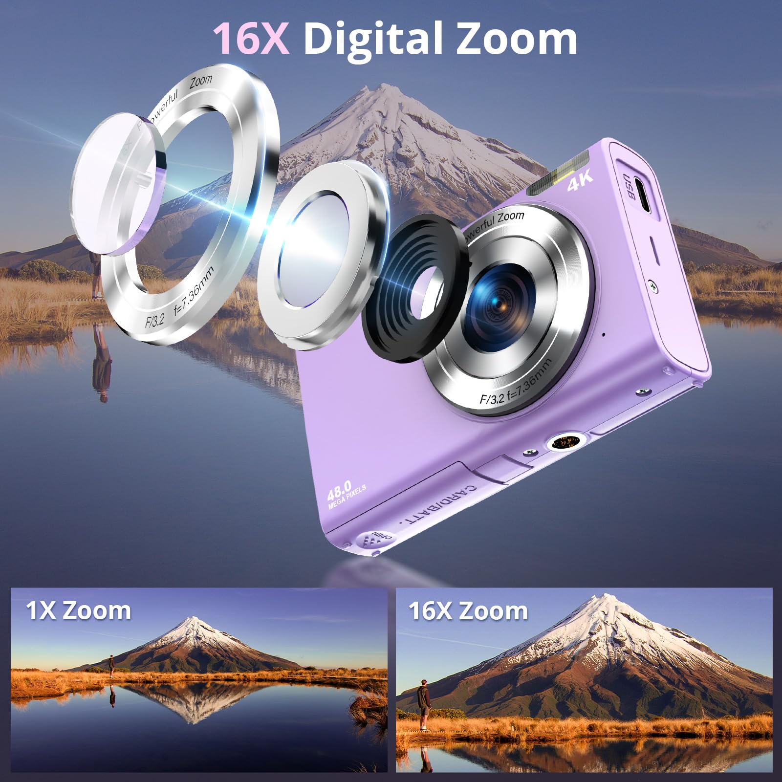 Digital Camera, Autofocus FHD 4K Vlogging Camera 48MP 16X Digital Zoom Digital Camera with 32GB Memory Card Portable Compact Small Video Camera for Teens Adult Beginner