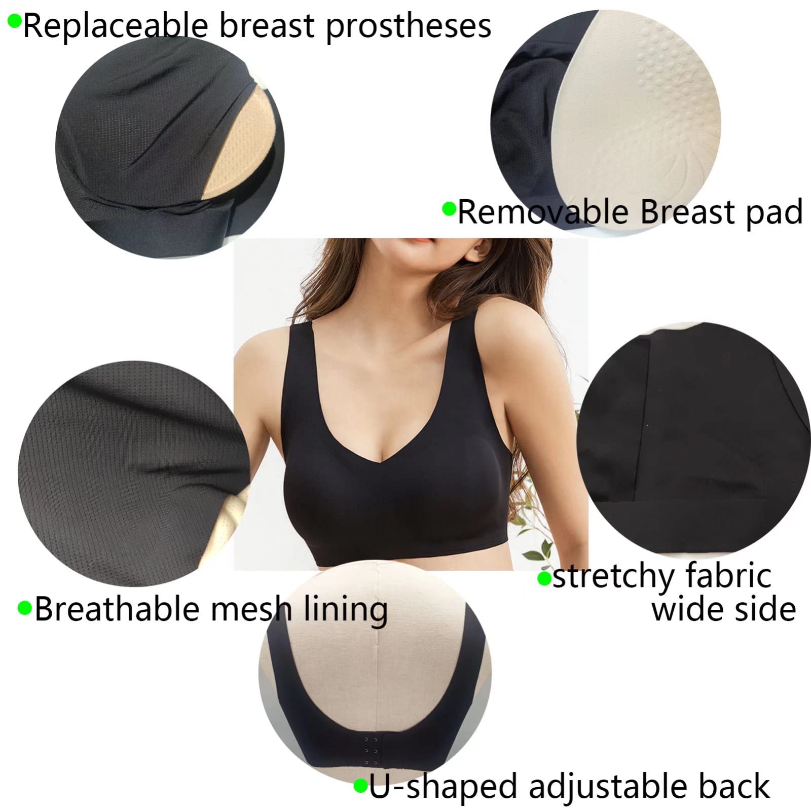 CYTMTZGA Seamless Mastectomy Bra Post-surgery Bra with Pockets for Breast Prosthesis Breast forms Bralette Daily Bra BL38/XL Black