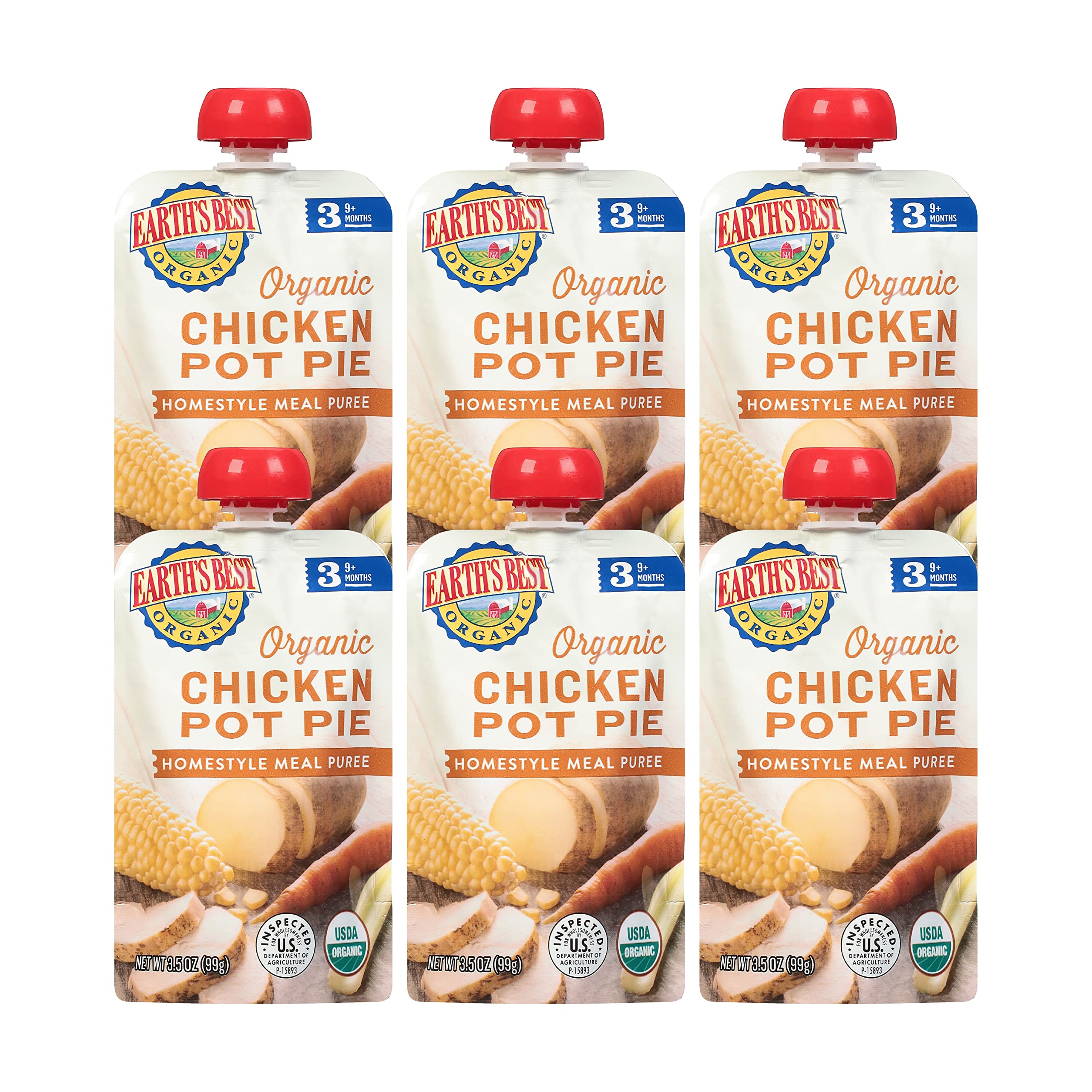 Earth's Best Organic Baby Food Pouches, Stage 3 Homestyle Meal Puree for Babies 9 Months and Older, Organic Chicken Pot Pie Puree, 3.5 oz Resealable Pouch (Pack of 6)
