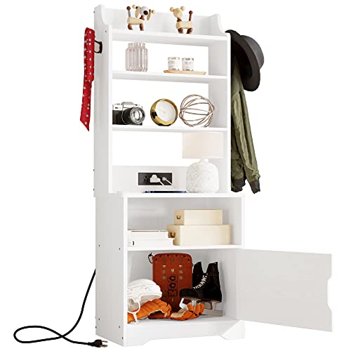 LIKIMIO Night Stand 55" Tall, End Side Table with with Charging Station and Storage Cabinet, Small Bookshelf, for Living Room Office Bedroom, Industrial White