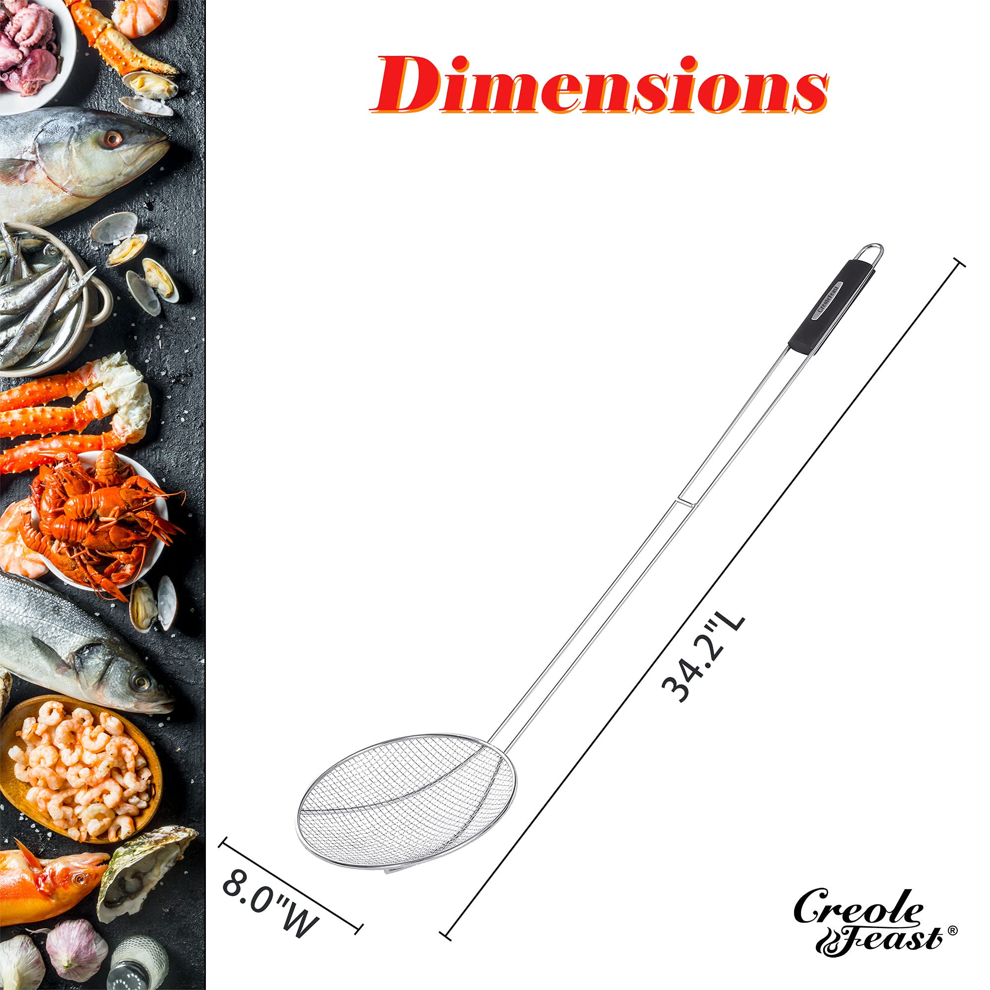Creole Feast SKM3602 36-Inch Stainless Steel Skimmer with 8" Bowl, Wire Strainer and Mesh Scoop, Crawfish Long Ladle Accessories for Large Batch Outdoor Cooking