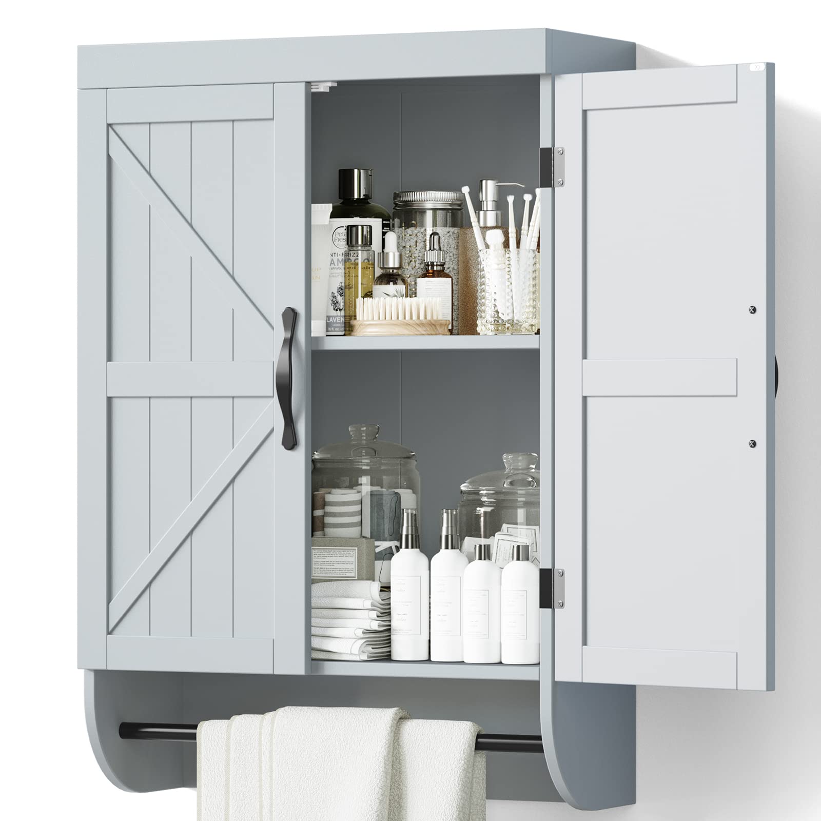 SRIWATANA Bathroom Storage Wall Cabinet Over The Toilet with Adjustable Shelf, Space Saver 2-Door Medicine Cabinet with Metal Bar, Gray