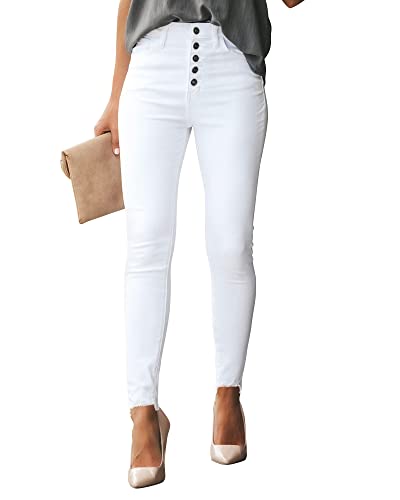 POTILI Women's High Waisted Jeans for Women Distressed Ripped Jeans Butt Lifting Skinny Stretch Denim Pants White Size 14