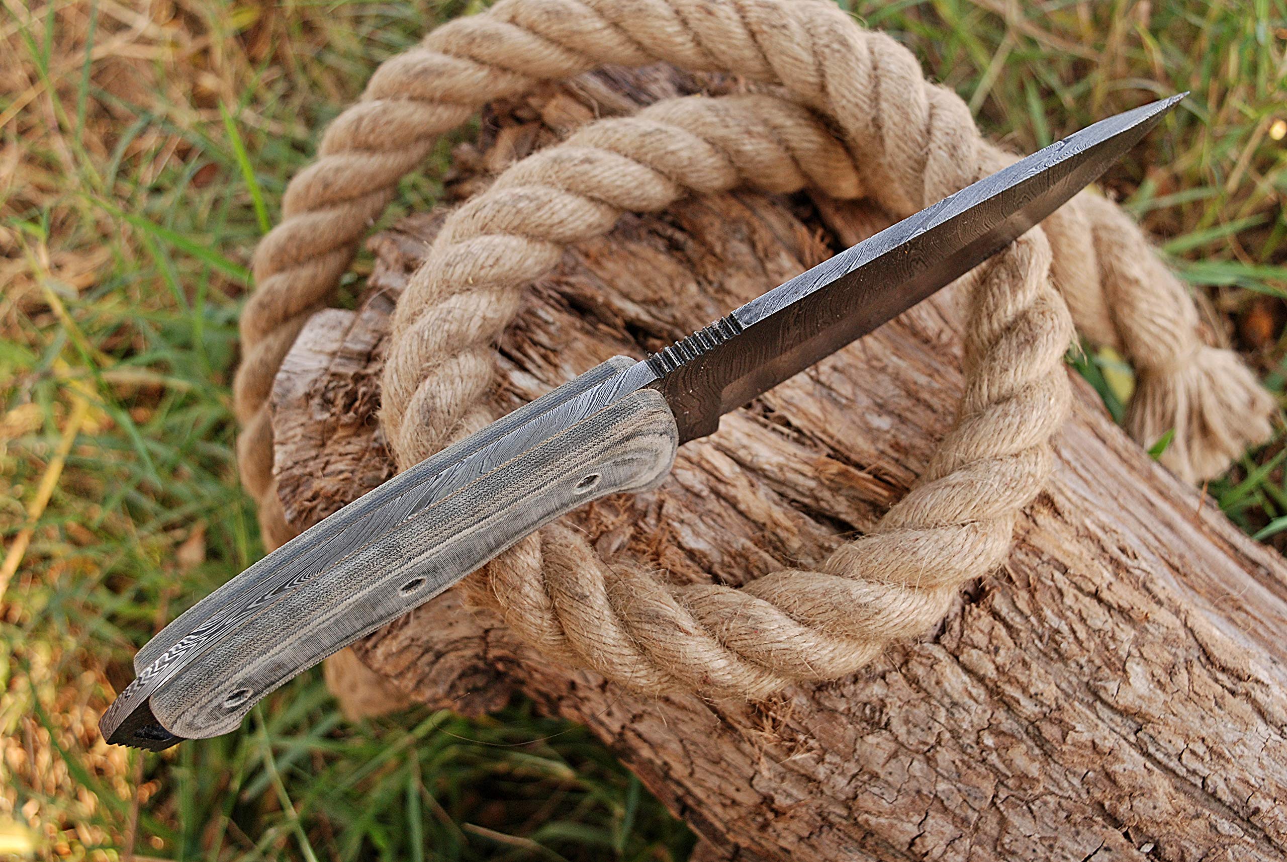 Damascus Bushcraft Knife - Survival Knife, Hand forged Fixed Blade Knife, Camping Knife & Survival Knives, Bowie Knives with Micarta Handle & Leather Knife Sheath