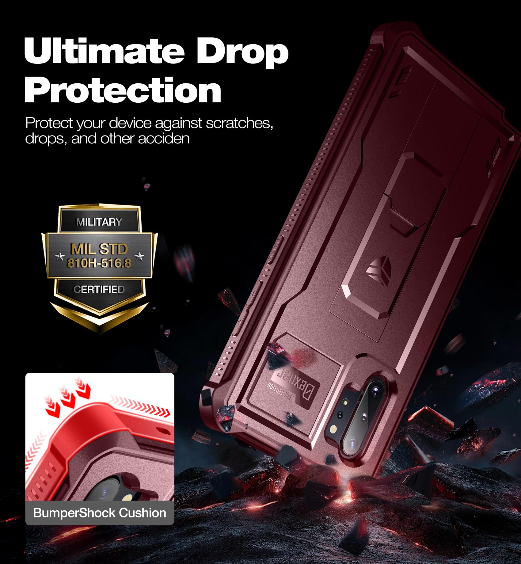 Dexnor for Samsung Galaxy Note 10+ Plus Case, [Built in Screen Protector and Kickstand] Heavy Duty Military Grade Protection Shockproof Protective Cover for Samsung Galaxy Note 10 Plus (Maroon Red)