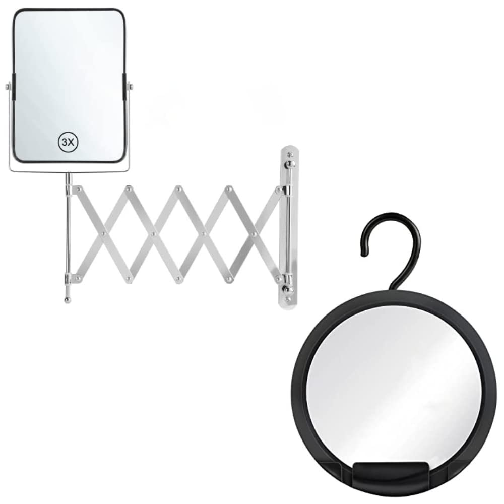 MIRRORVANA Wall Mounted Mirror for Shaving & Makeup, Double Sided 3X / 1X Magnifying and Hangable Fogless Shower Mirror for Shaving with 360° Swivel Hook for Hanging