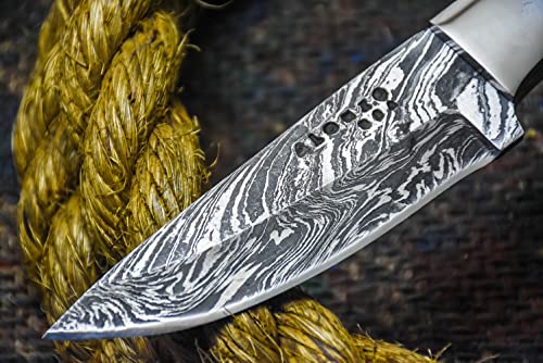 Damascus Hunting Knife with RamHorn + Bone Handle - Survival - Camping - Damascus Steel - Damascus Hunting with Sheath Fixed Balde-EveryDay Carry,Comabt,Hunting Skinning,Fire Starter,Ram Horn Handle With Brass Bolster. Art No26376