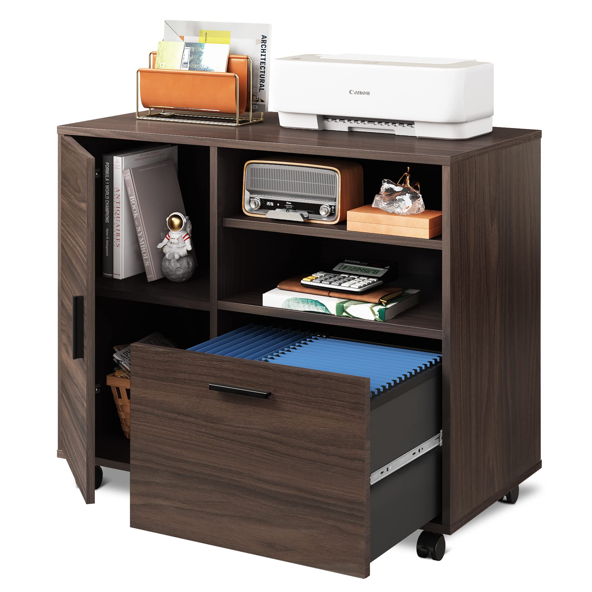 DEVAISE Wood Lateral File Cabinet with 1 Drawer, Printer Stand with Storage Door and Shelves, Large Mobile Filing Cabinet for Home Office, Walnut