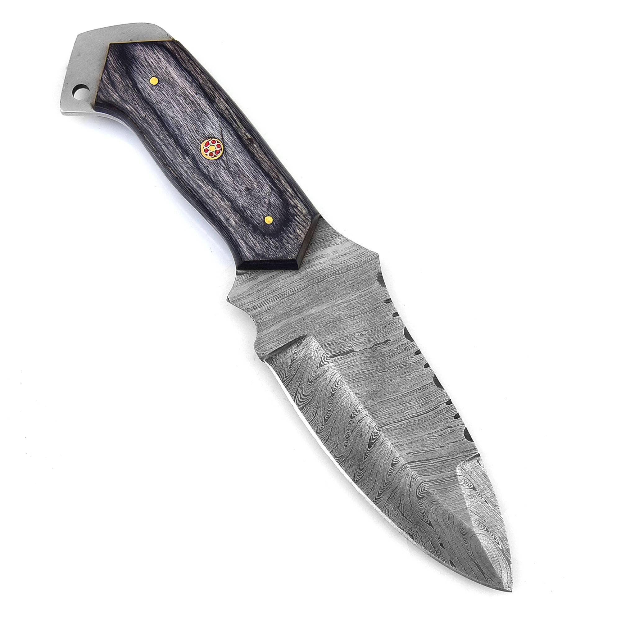 Damascus hunting knife with fixed blade 9.5", Damascus Bowie knife for Survival, Camping, Bushcraft Ergonomic Pukka wood handle | Horizontal carry knife for men with Leather Sheath EC-9108