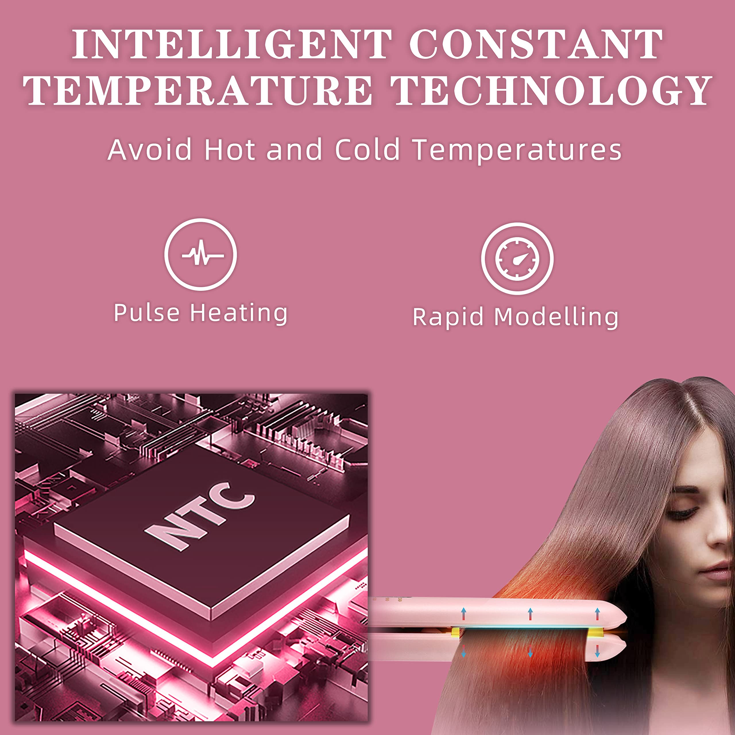 Cosermart Temperature Adjustable Ionic Titanium Ceramic Hair Straightener and Curler 2 in 1 - Dual Voltage Curling Bangs Flat Iron Great for Salon and Travel, Pink